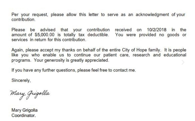 Donation to the City of Hope – Cancer Center - Regencell Bioscience